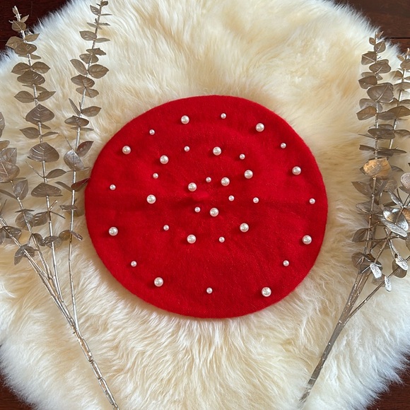 Accessories | Nwot Red Parisian Pearl Beret Hat Emily In Paris | Poshmark